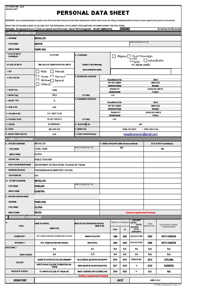 Personal Data Sheet: Marvin Megallos | PDF