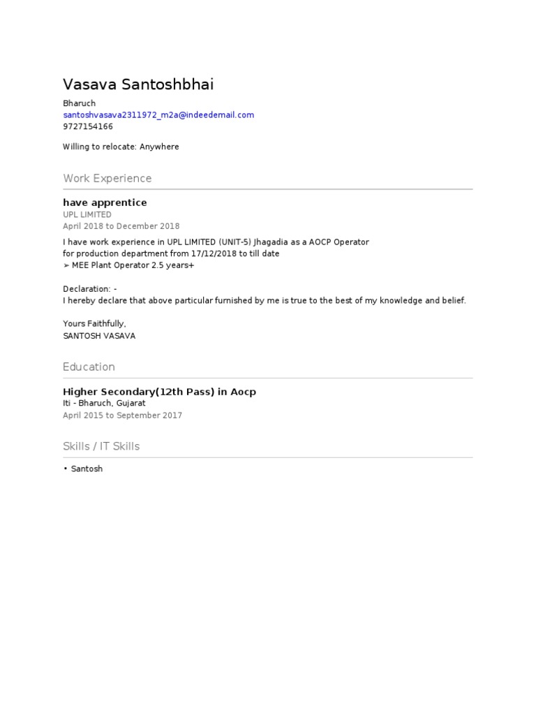 Resume Vas Ava Santosh Bhai | PDF