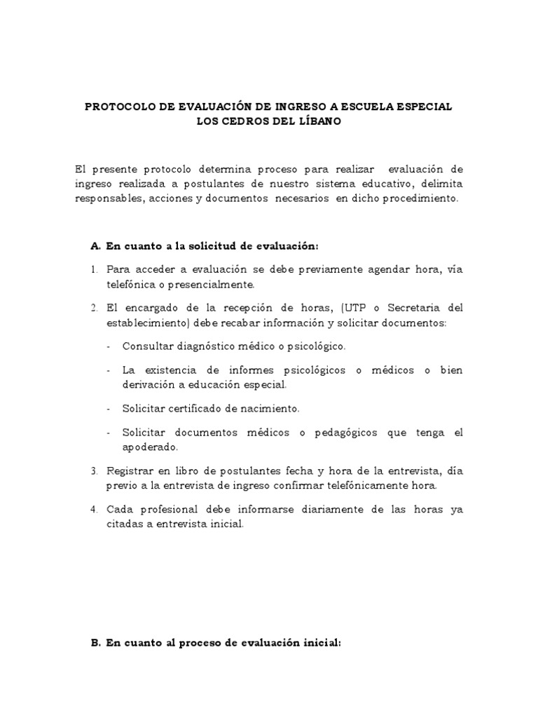 Protocolo Evaluación de Ingreso | PDF