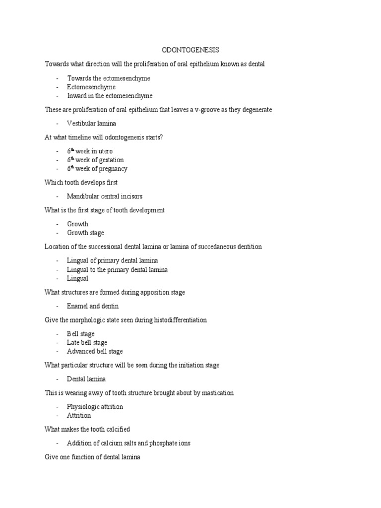 Oral Histo Quiz Odontogenesis | PDF | Tooth | Mouth