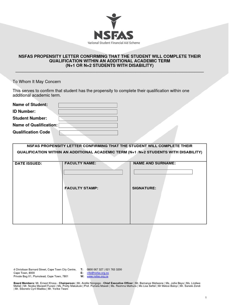 Nsfas Propensity Letter Confirming That The Student Will Complete | PDF