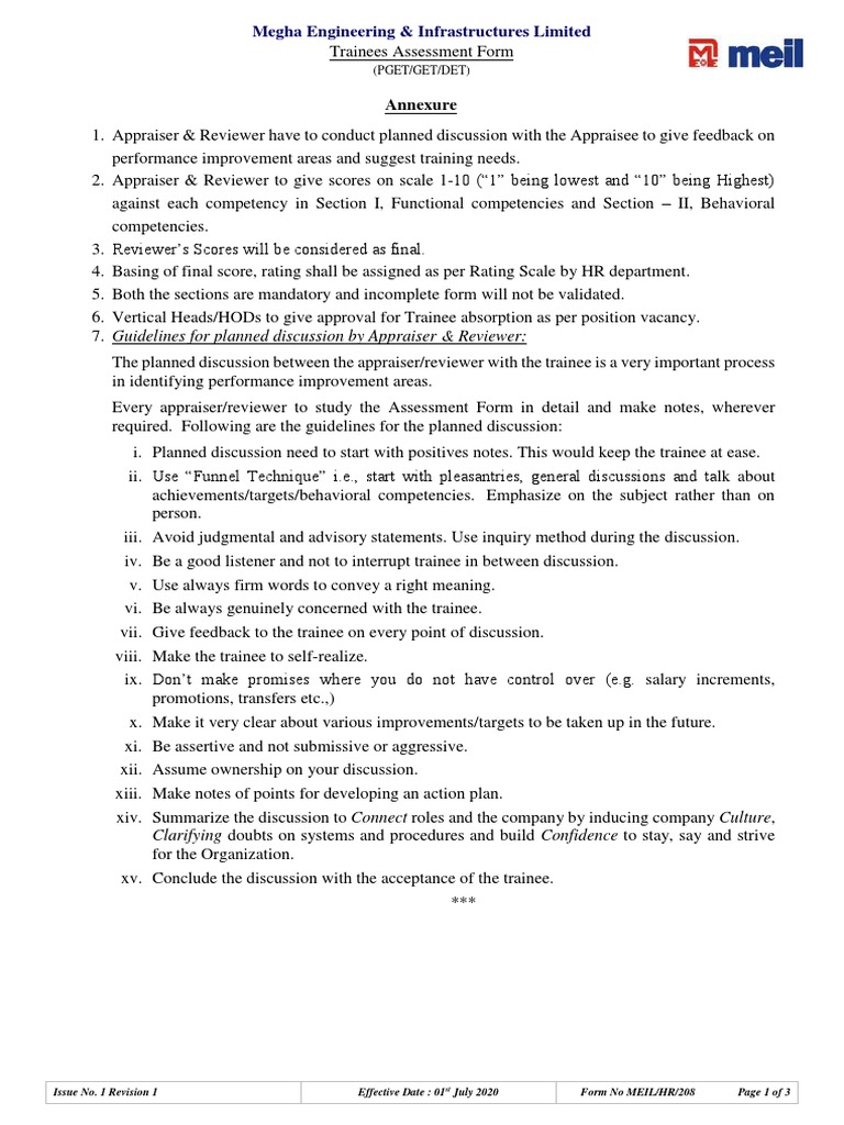 MEIL Engg & Technical Trainees Assessment Form | PDF
