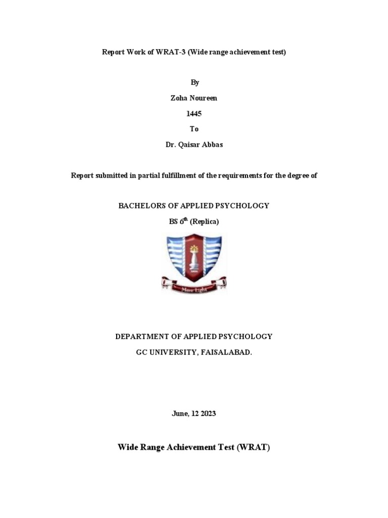 WRAT Test (2) Zoha | PDF | Learning Disability | Psychology