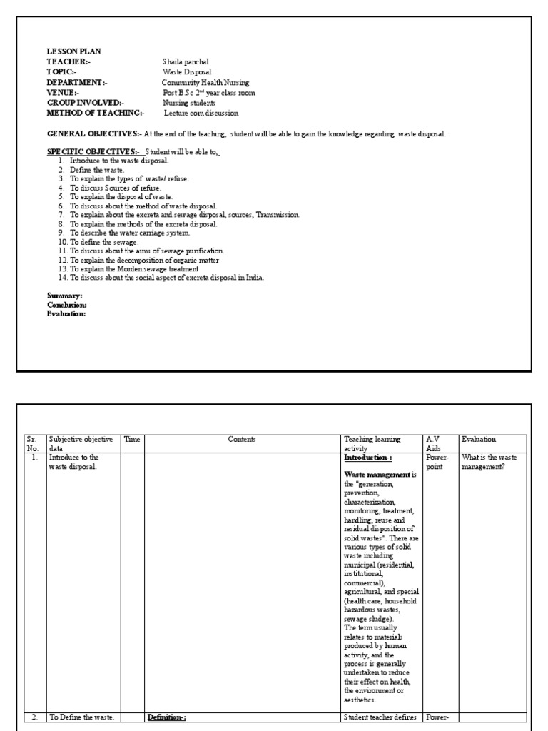 Waste Disposal Lesson Plan for Nursing | PDF | Sewage Treatment | Waste