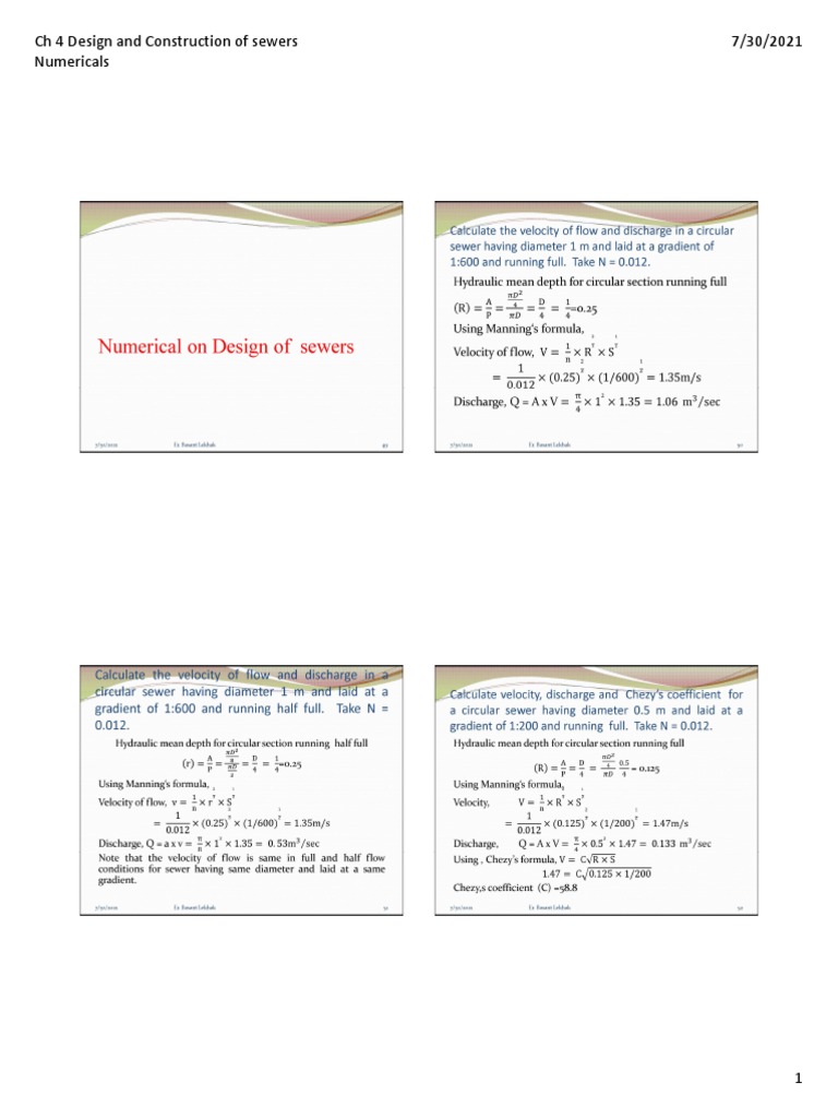 Ch. 4 Design and Construction of Sewers Numericals | PDF