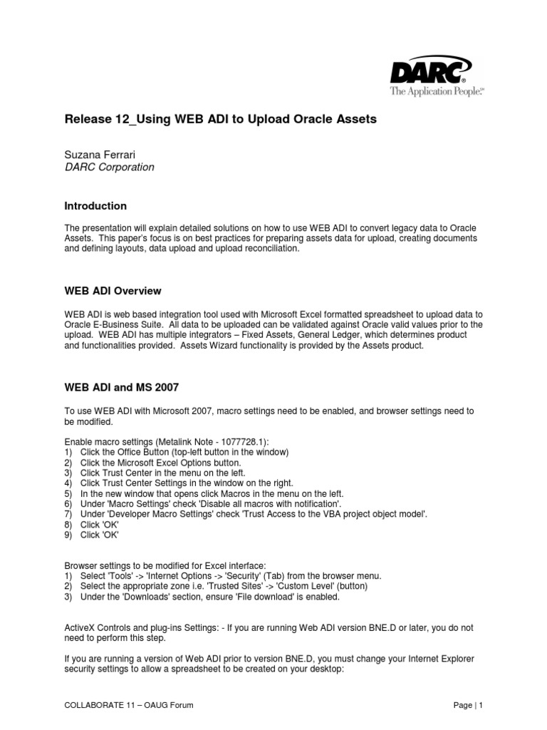 R12 Using WEB ADI To Upload Oracle Assets White Paper | PDF