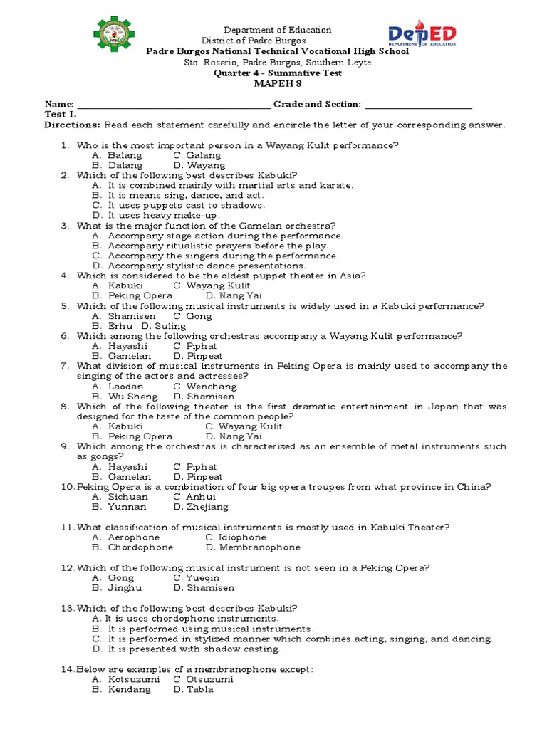 Q4 MAPEH 8 Summative Test | PDF | Theatre | Performing Arts