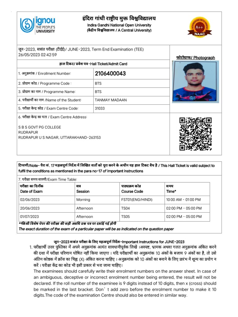 Ignou June-2023 - Hall Ticket - Admit Card | PDF