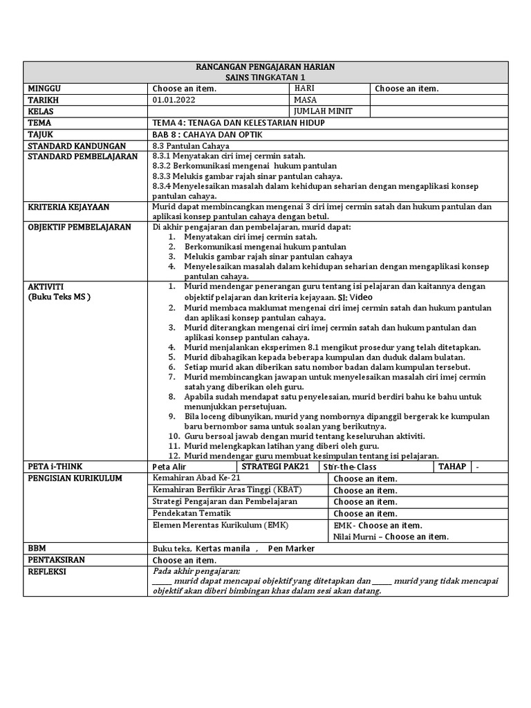 RPH Sains Tingkatan 1 Subtopik 8.3 Pantulan Cahaya | PDF