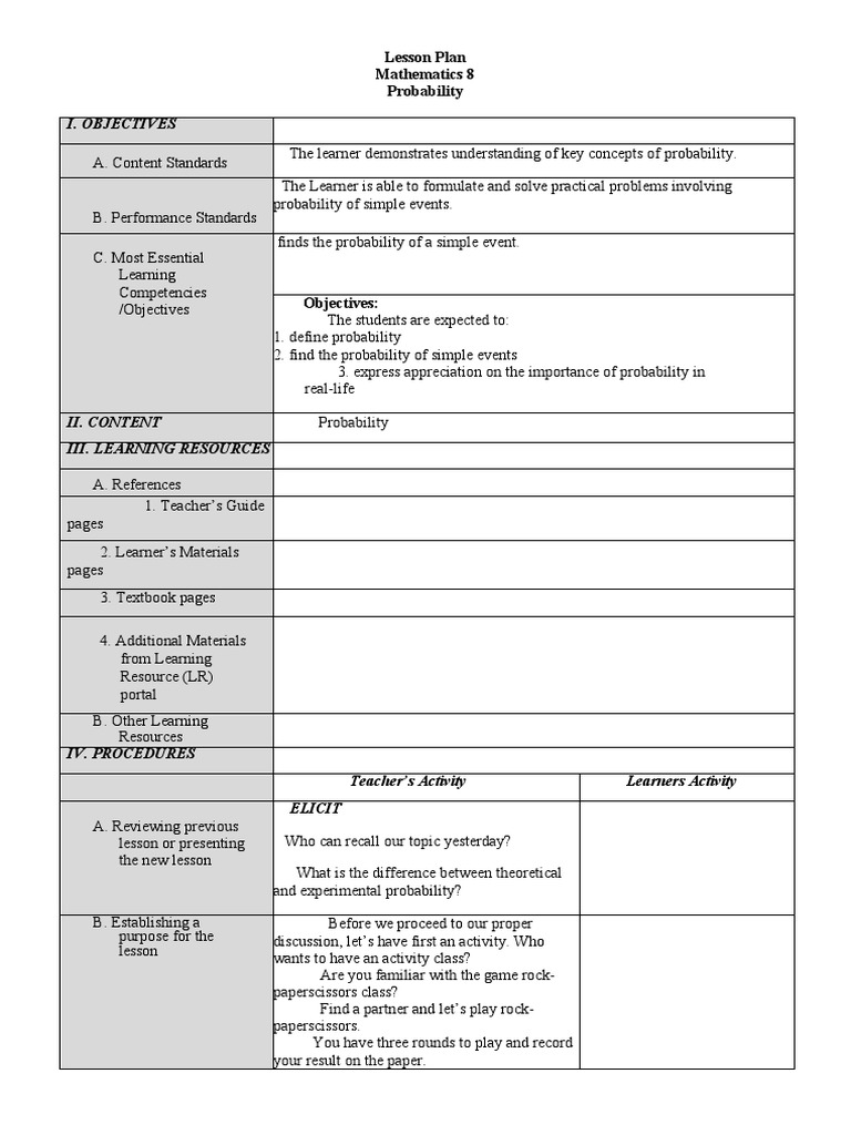 Lesson Plan Math Probability | PDF | Odds | Probability