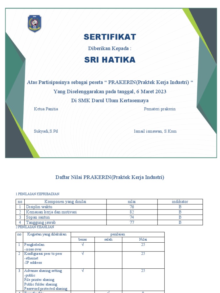 Desain Sertifikat Prakerin (Sri Hatika) | PDF