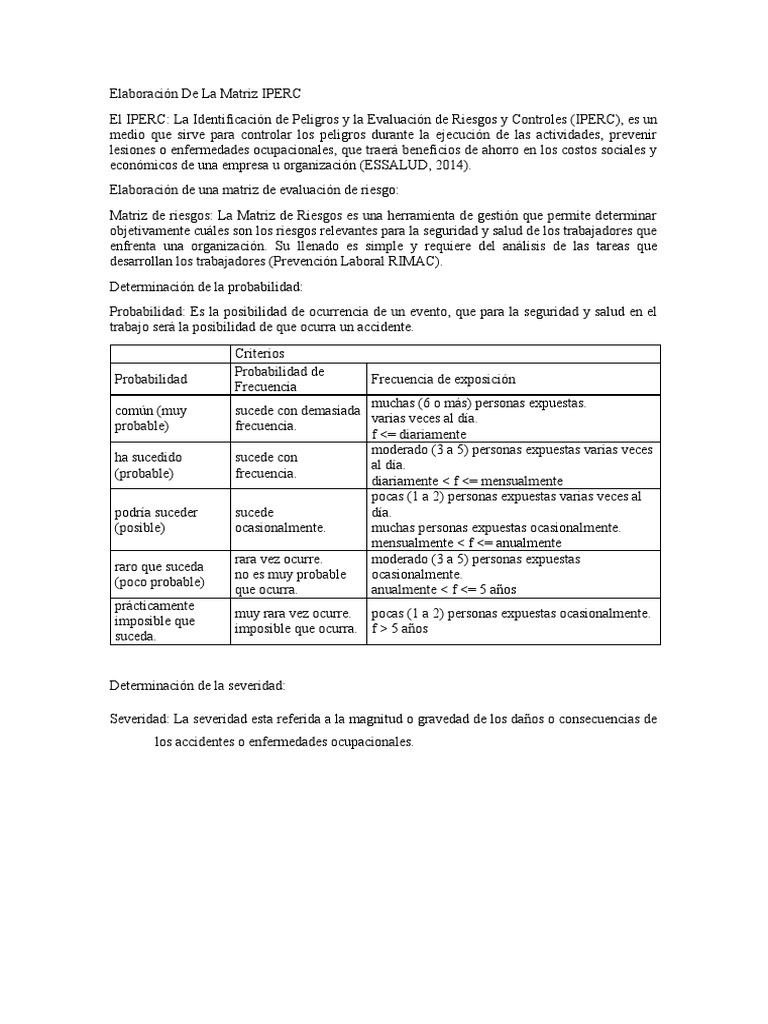 Elaboración De La Matriz IPERC | PDF | Riesgo | Evaluación de riesgos