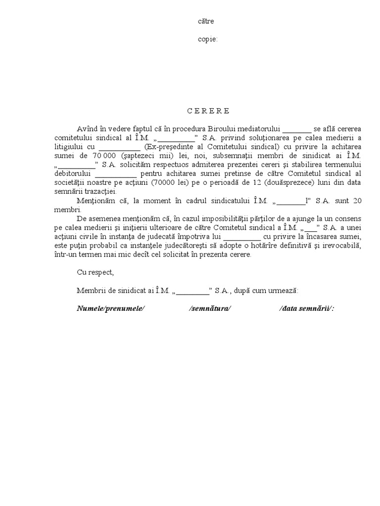 CERERE de la membri Comitetului sindical | PDF
