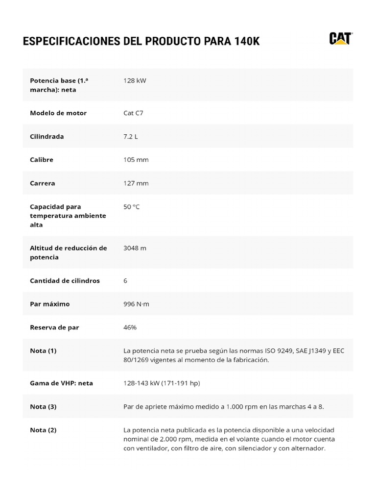 Ficha Tecnica 140K Motoniveladora CAT | PDF