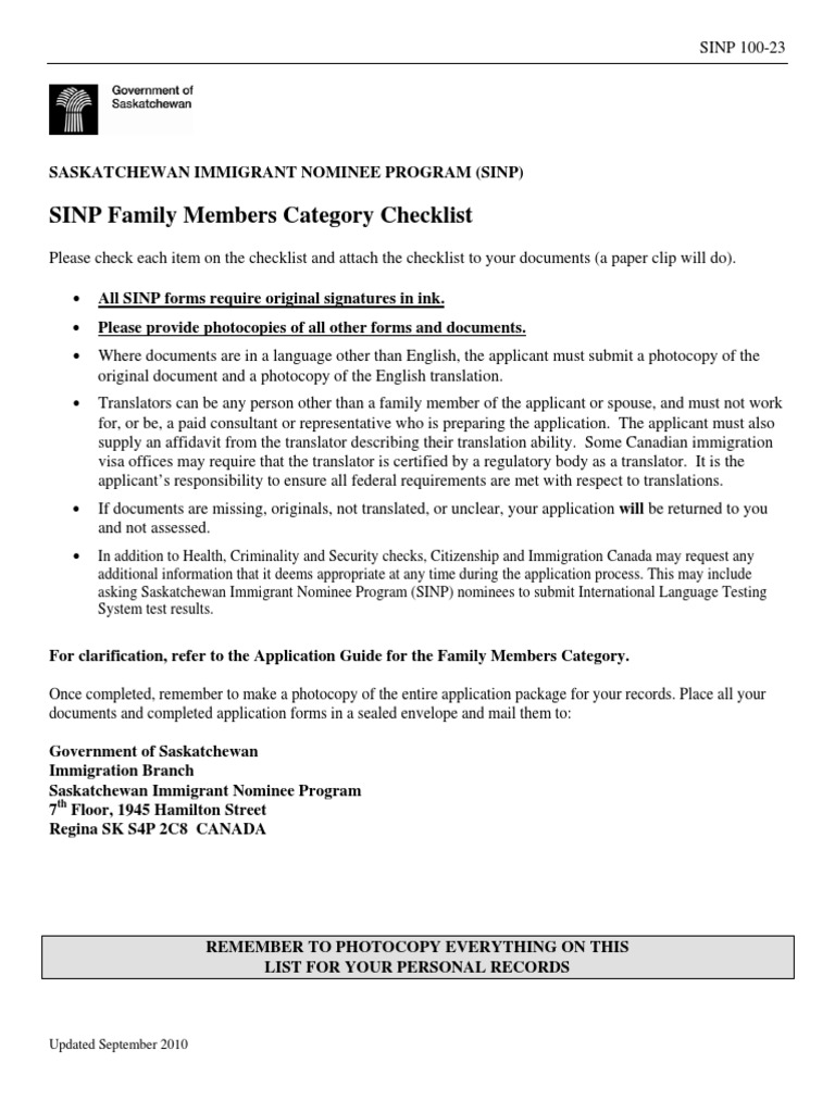 SINP Family Category Checklist | PDF