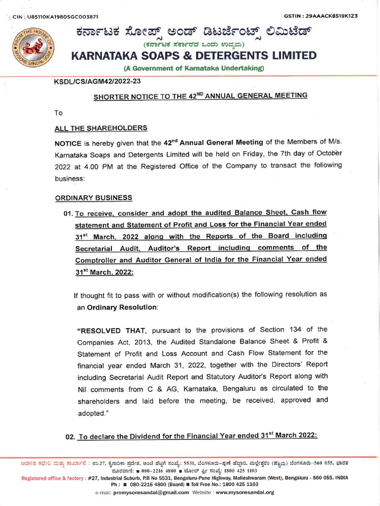 KSDL 42nd AGM Annual Report 2021-22 | PDF | Internal Control | Risk