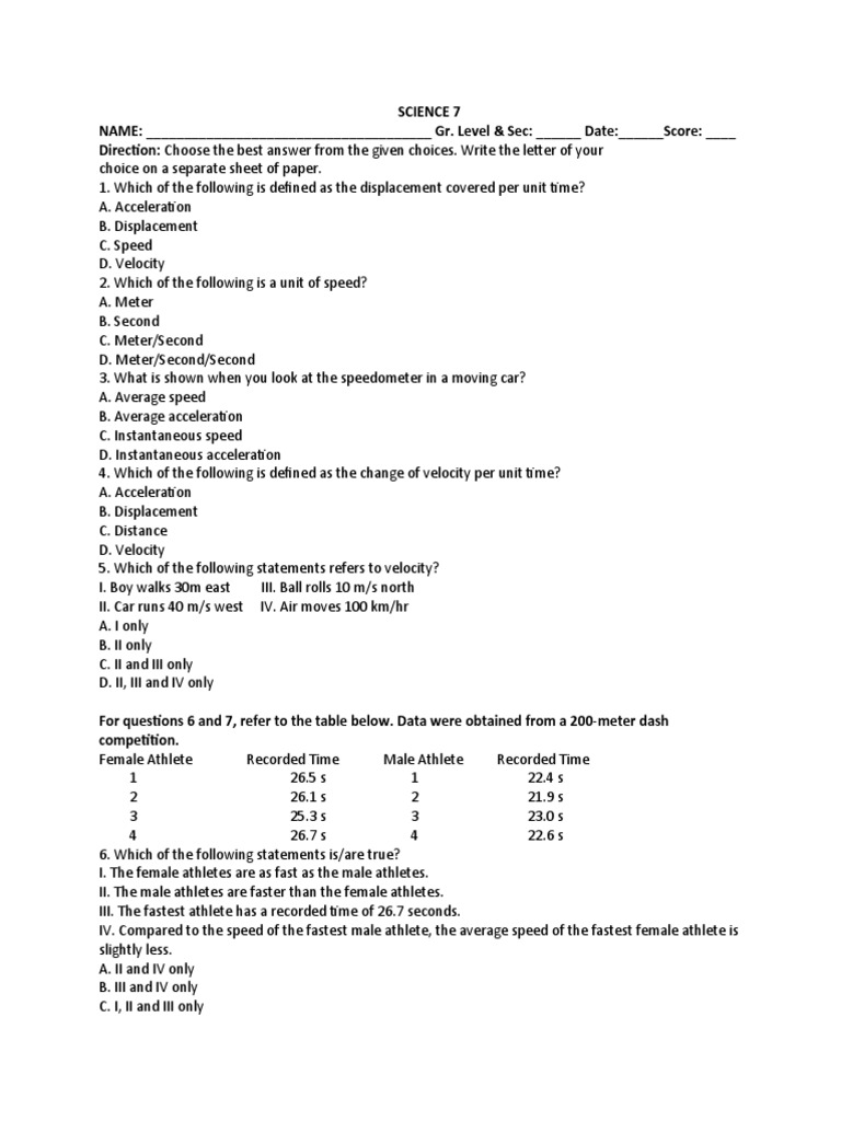 SCIENCE 7 Quiz March 21 | PDF | Speed | Velocity