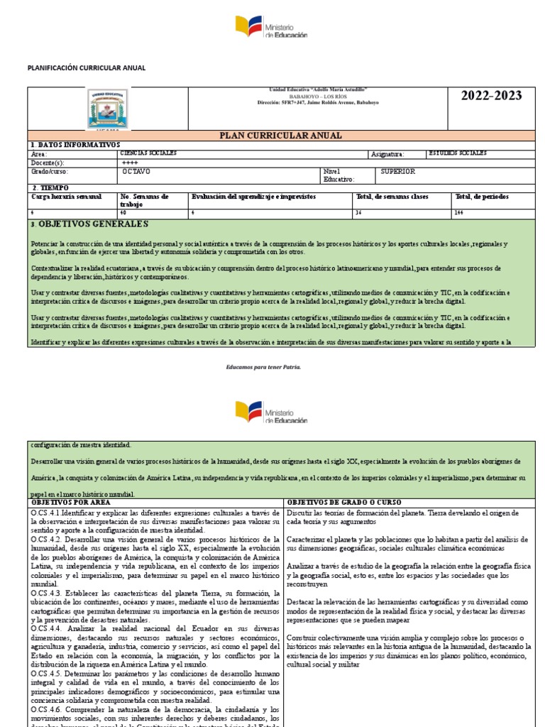Planificación Curricular Anual Octavo Eess | PDF | Historia