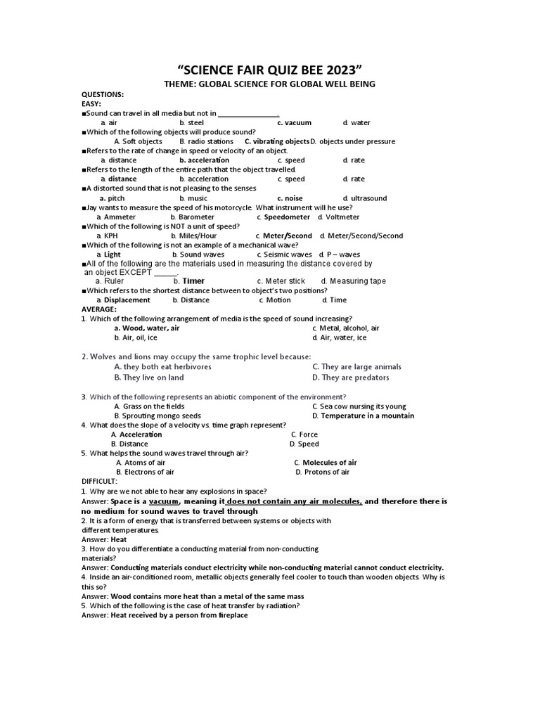 SCIENCE 7 - Quiz Bee 2023 | PDF
