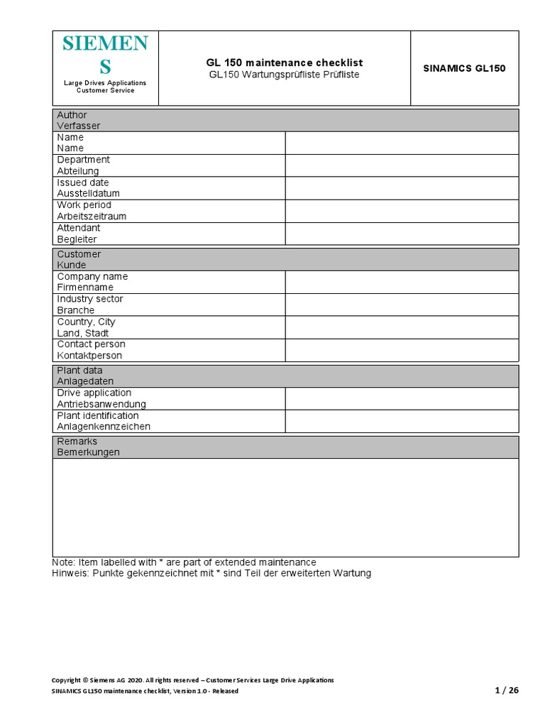 SINAMICS GL150 Maintenance Checklist | PDF