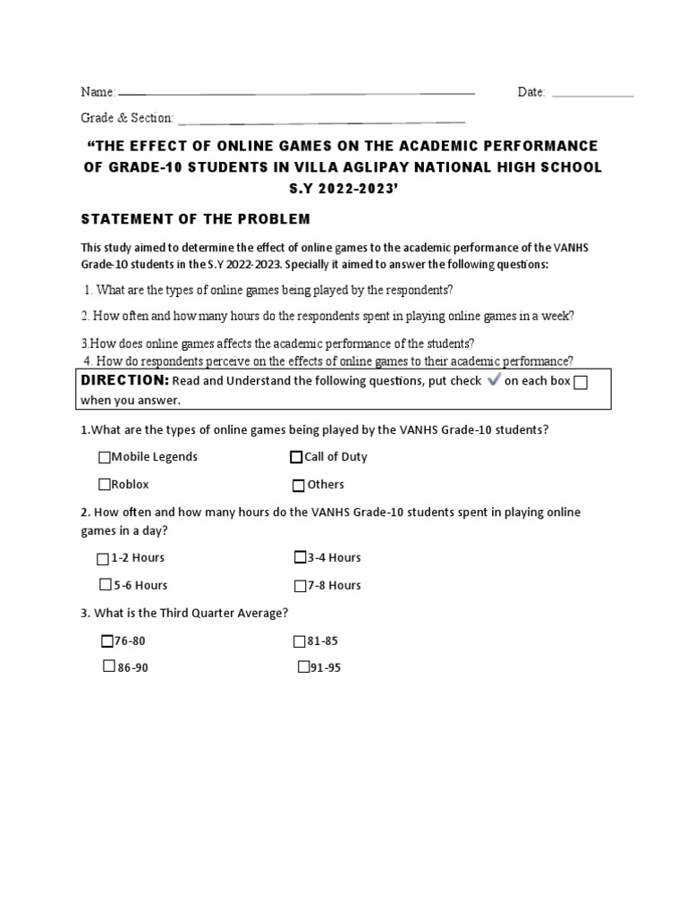 The Effect of Online Games On The Academic Performance of Grade | PDF