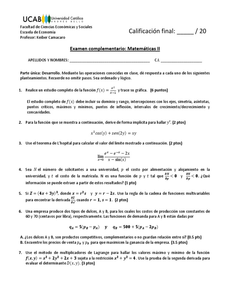 Examen Complementario - Matemáticas II (Periodo 202225) | PDF | Análisis matemático | Matemáticas