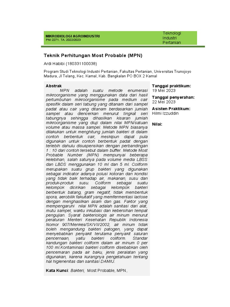 Metode MPN untuk Deteksi Coliform | PDF