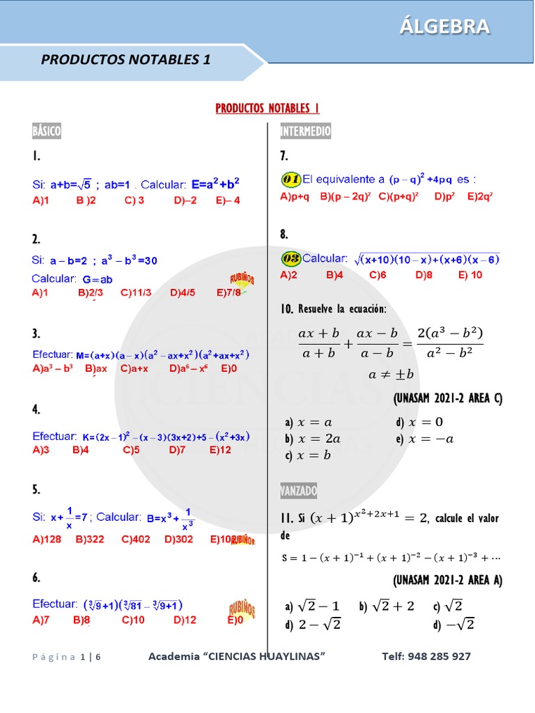 Algebra-Tema1-Productos Notables - Academia Ciencias Huaylinas - 20234 ...