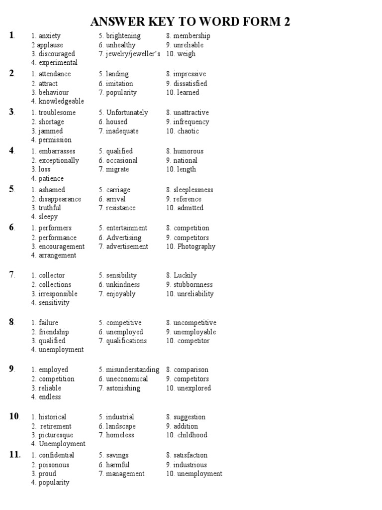 Answer Key To Word Form 2 | PDF | Psychology