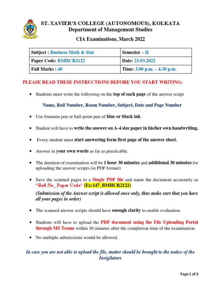 CIA___Business_Math__Stat___23.03.22 | PDF | Standard Deviation