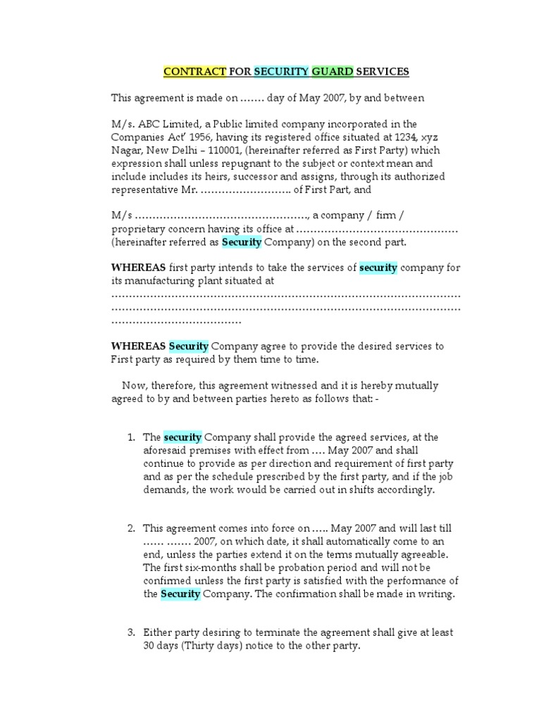 Sample Security Guard Contract | PDF | Indemnity | Common Law