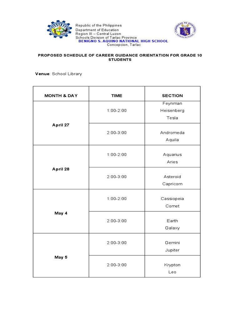 Proposed Schedule of Career Guidance Orientation Garde 10 SY 2022 2023 ...