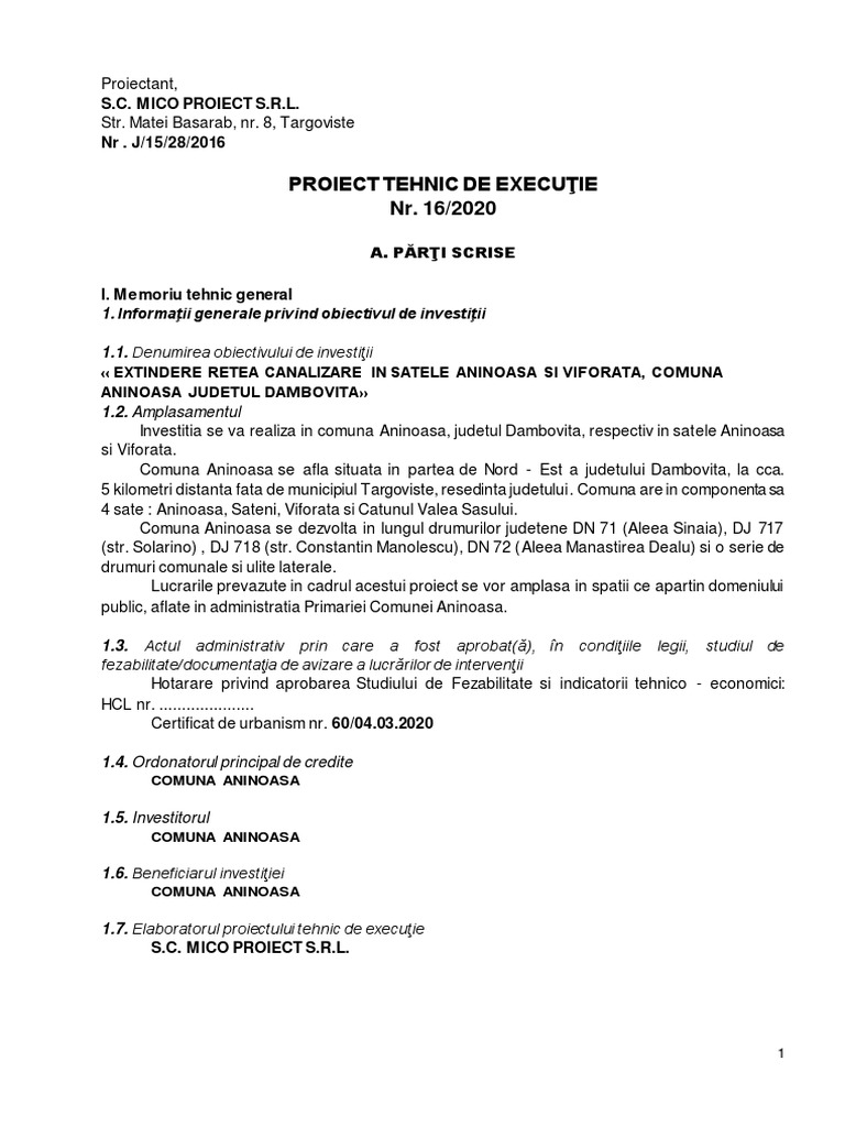 Memoriu Tehnic Canal Proiect Tehnic de Execuţie | PDF