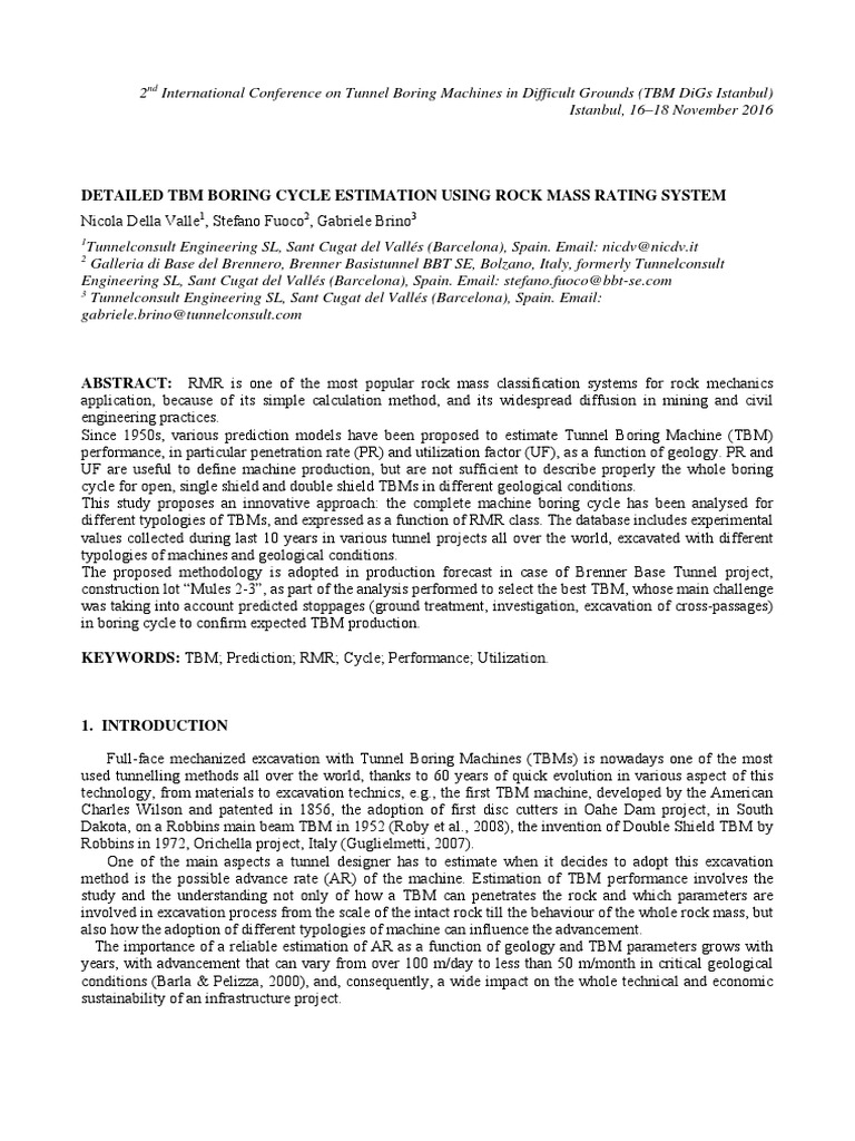 (2016) Della Valle, N. Fuoco, S. Brino, G. Detailed TBM Boring Cycle Estimation Using Rock Mass ...