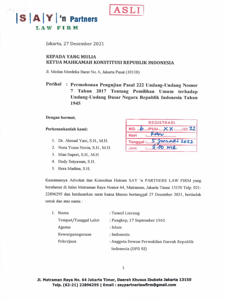 Permohonan Diregistrasi - 3087 - 2252 - Permohonan Registrasi 6 PUU XX 2022 | PDF