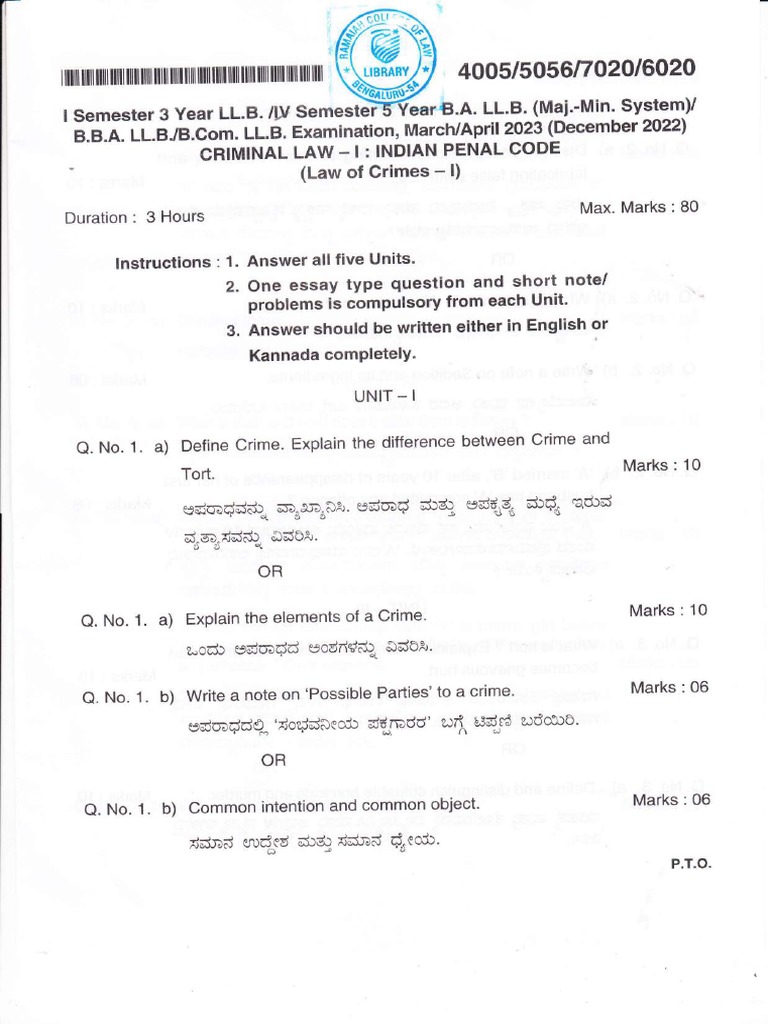 4th Sem Criminal Law - I IPC Apr 2023 | PDF