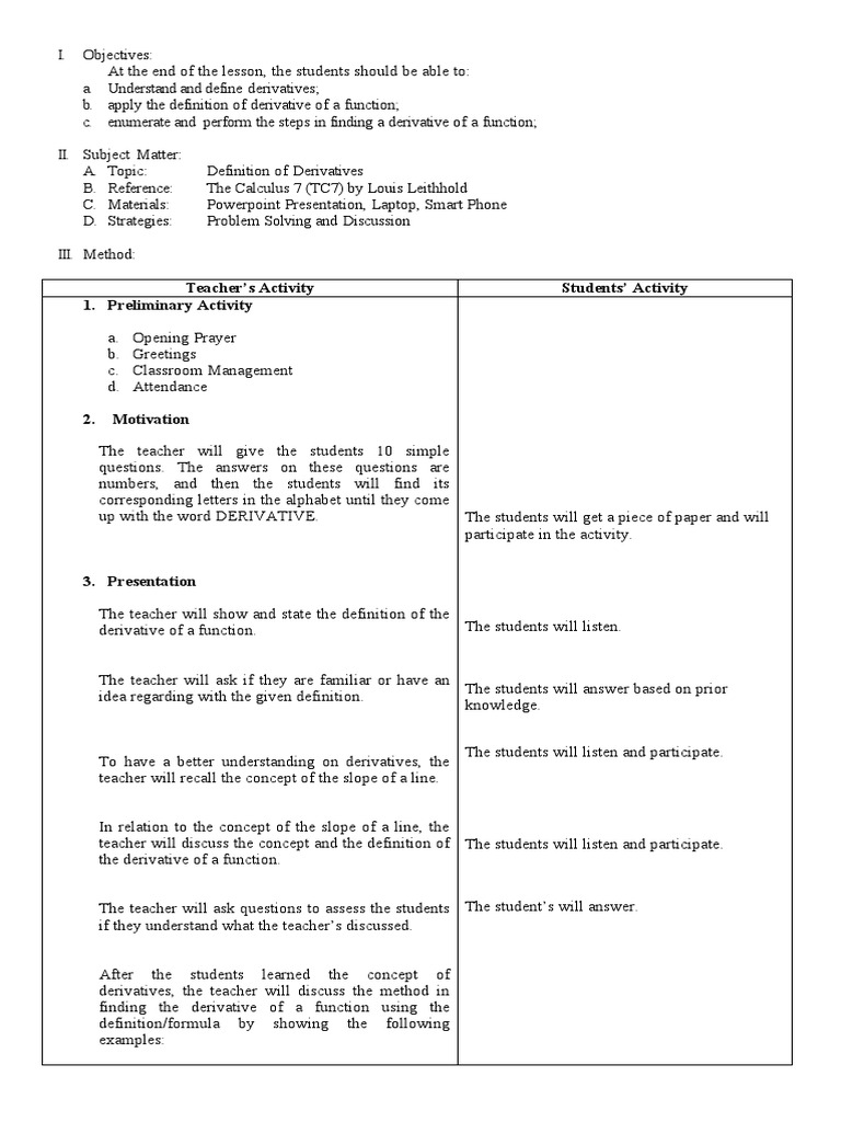 Lesson Plan in Basic Calculus | PDF | Teaching Methods & Materials