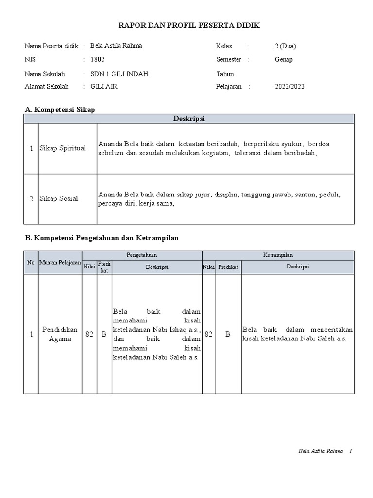 Contoh Raport k13 | PDF