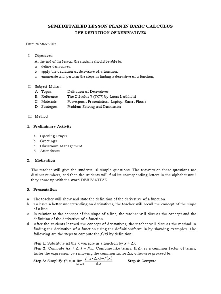 Semi-Detailed Lesson Plan in Basic Calculus | PDF