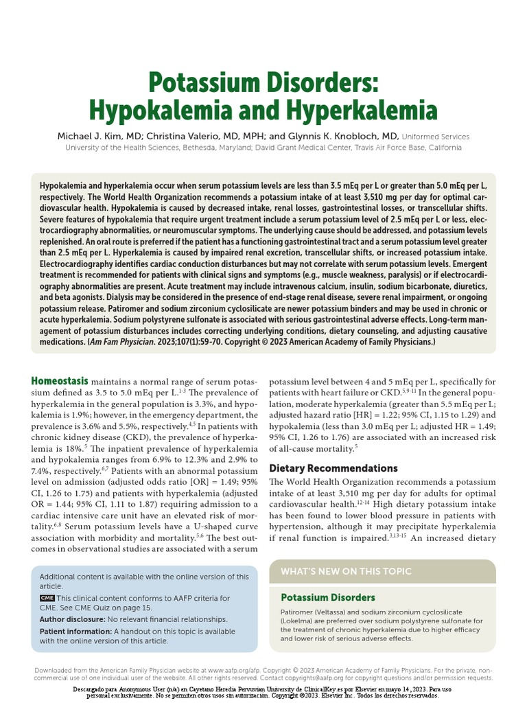 Potassium Disorders: Hypokalemia and Hyperkalemia: Homeostasis | PDF