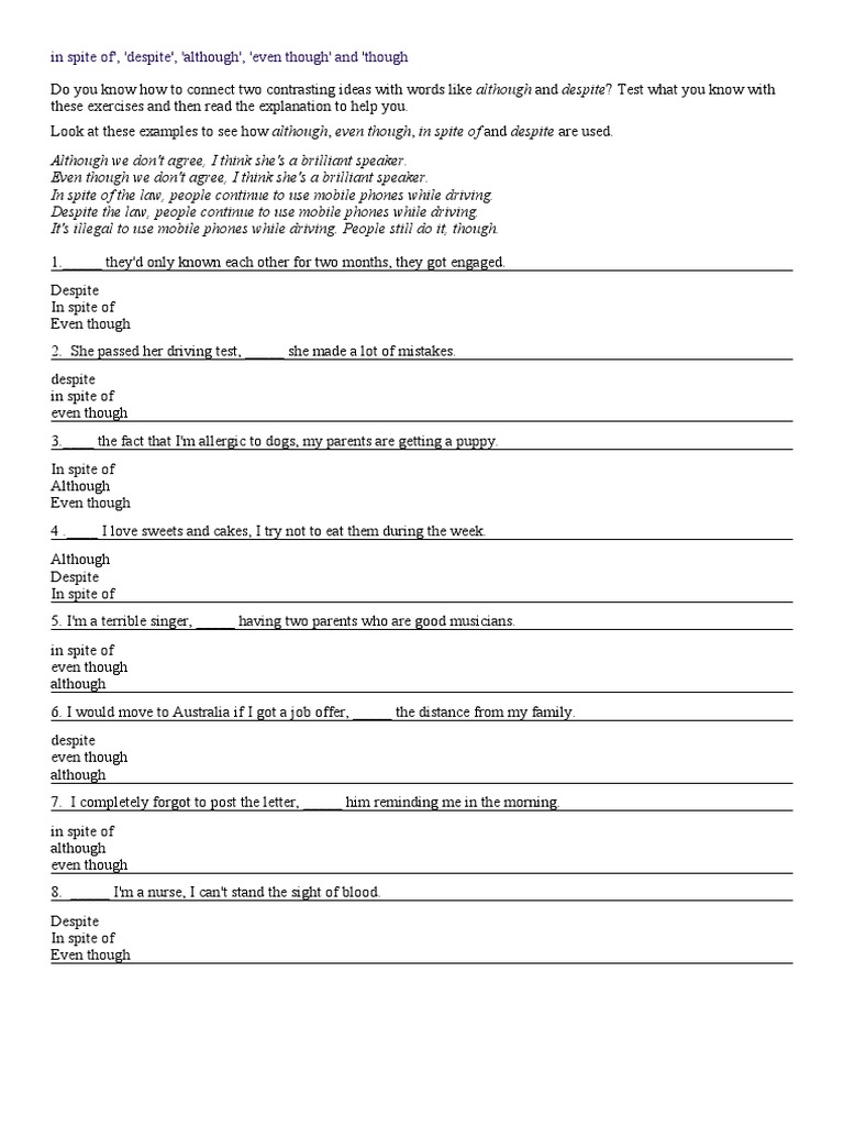 In Spite, Although, Even Though, Despite Worksheet | PDF
