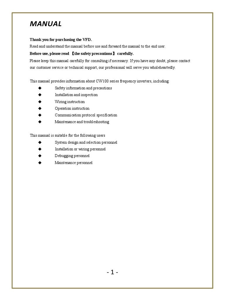 CW100 Series Frequency Inverter Manual | PDF | Power Supply | Power Inverter