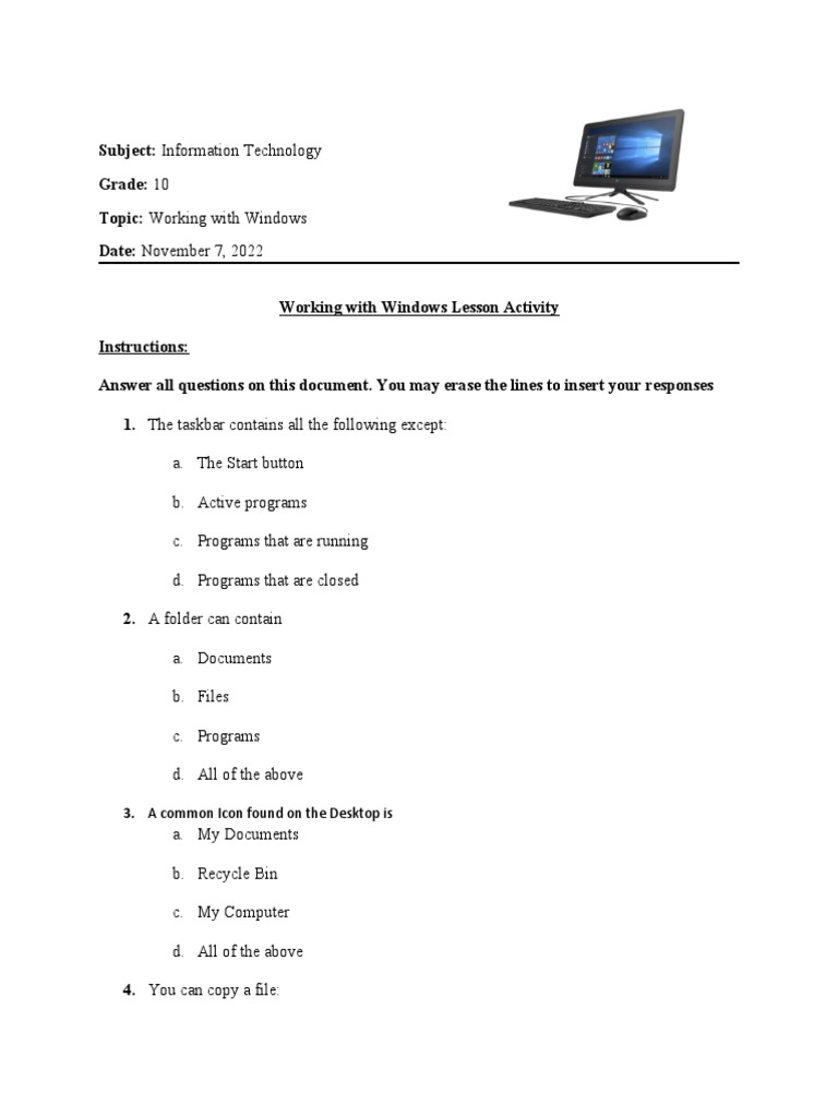Working with Windows Lesson Activity. | PDF | Computer File | Directory ...