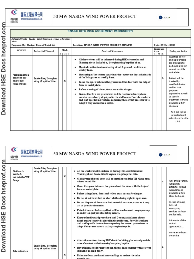 Risk Assessment For Snake Bite | PDF | Snake | Risk Assessment