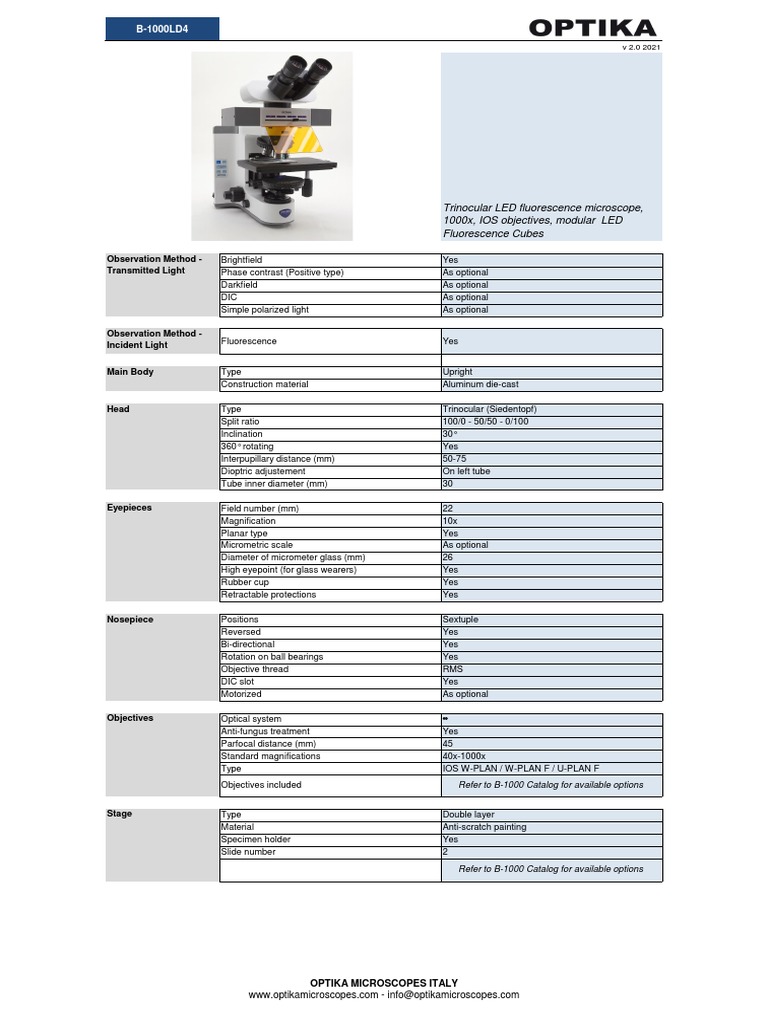 OPTIKA_B-1000_LD4_Technical_Datasheet_EN | PDF | Emission Spectrum | Fluorescence