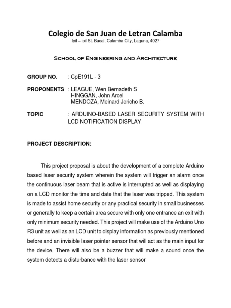 Group 3 Arduino Based Laser Security System With Lcd Notification Display Pdf 