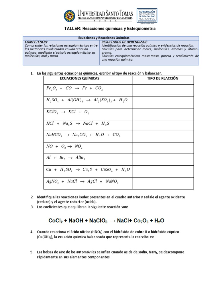 Taller Recciones Química y Estequiometría | PDF | Redox | Magnesio Taller Recciones Química y Estequiometría | PDF | Redox | Magnesio