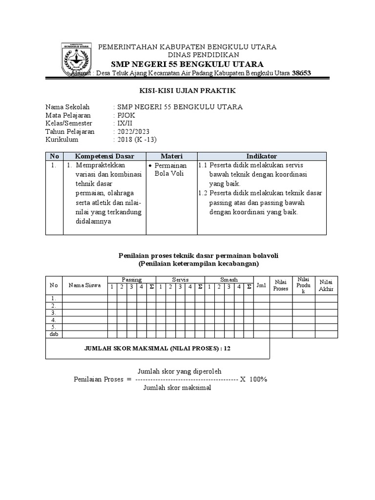 Kriteria Penilaian Ujian Praktek Pjok SMPN 55 Bu | PDF