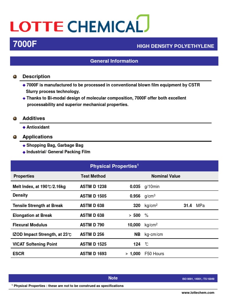 High Density Polyethylene 7000F Properties | PDF
