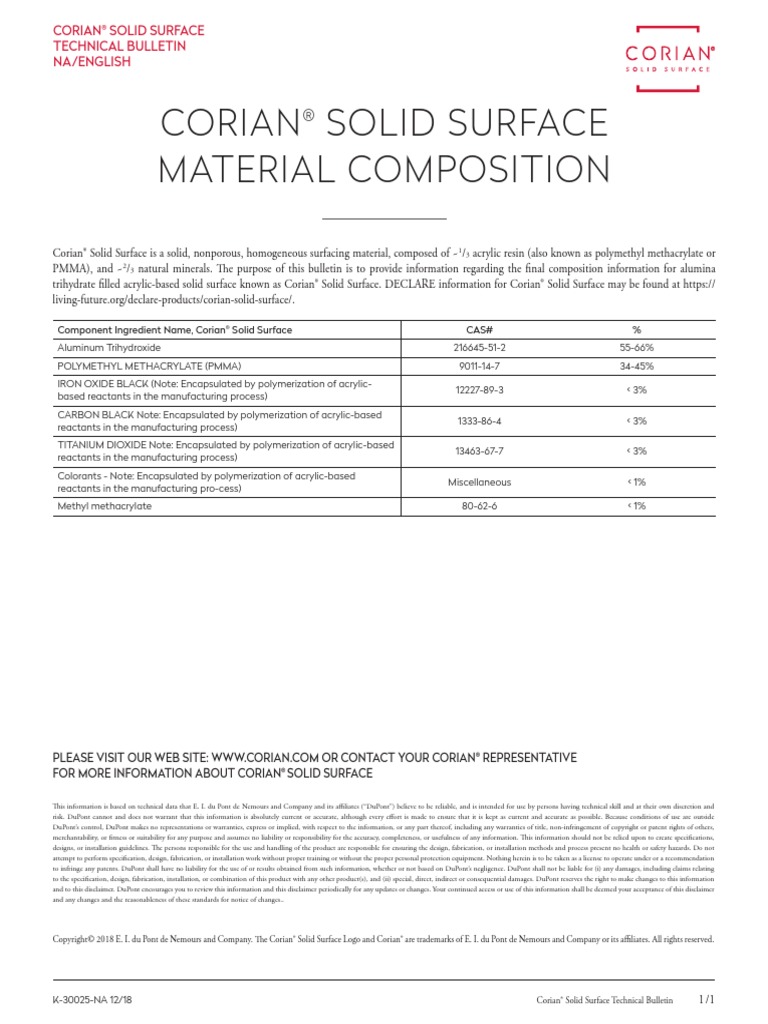 K 30025 Corian Solid Surface Material Composition Bulletin - Sec | PDF
